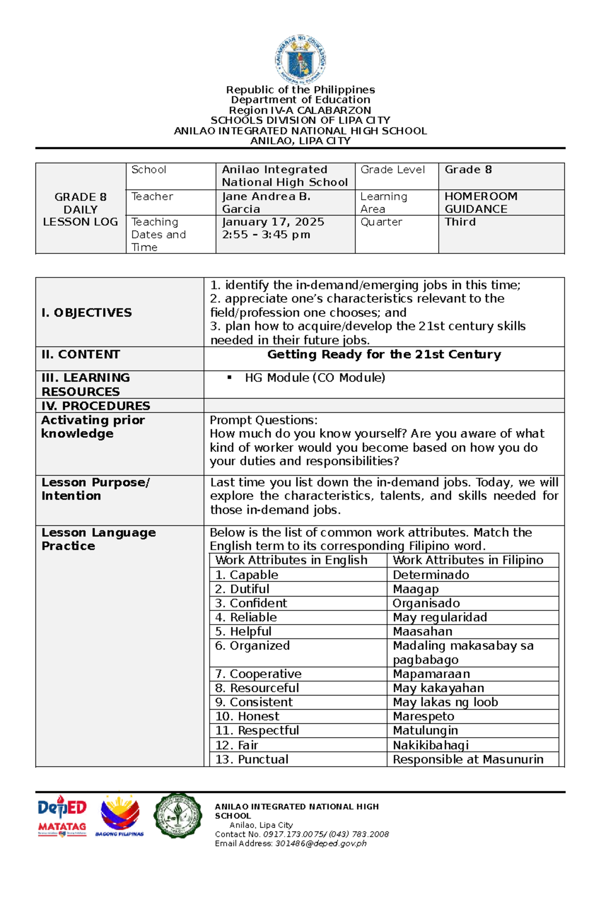 HGP-Q3W5 - Grade 8 Homeroom Guidance Daily Lesson Log - Studocu