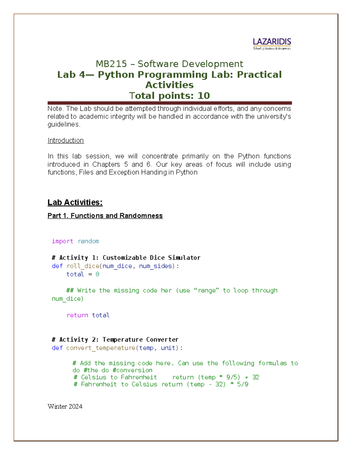 Winter 2024 MB215 Software Development Lab: Python Programming ...