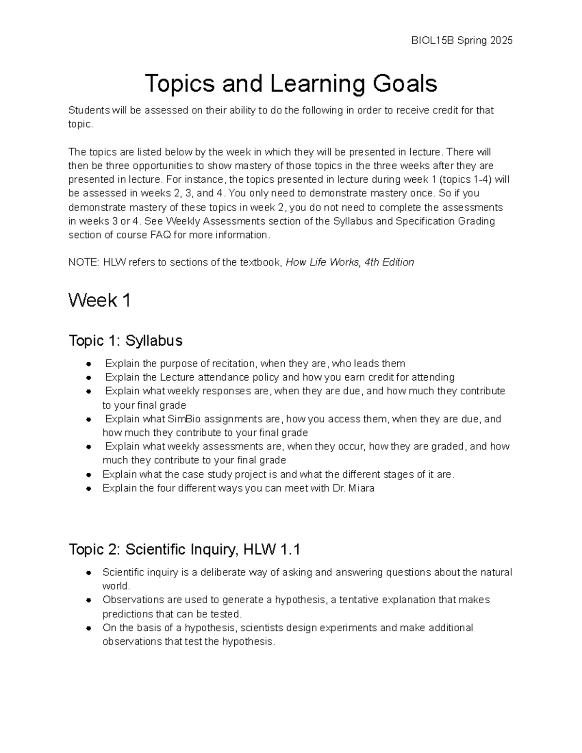 Cell Biology Topics Overview and Learning Goals, BIOL15B Spring 2025 ...