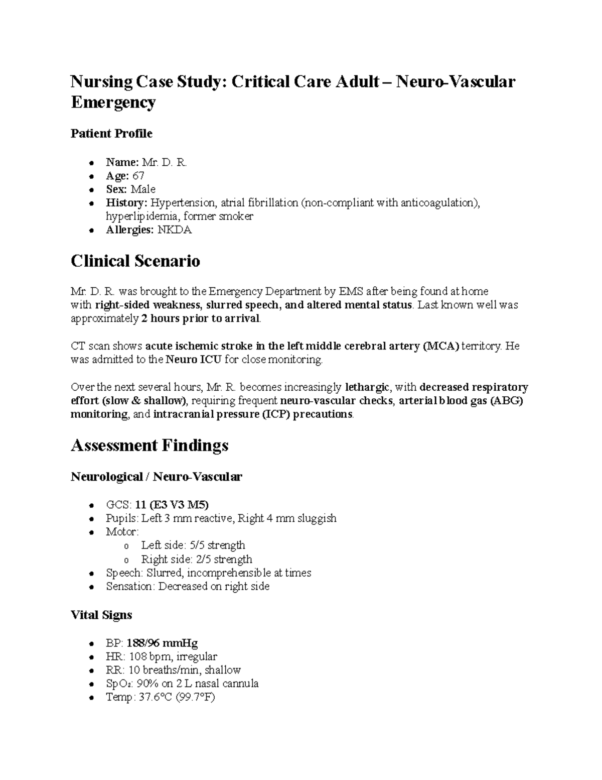 Nursing Case Study: Critical Care of Adult Patient Mr. D. R. - Studocu