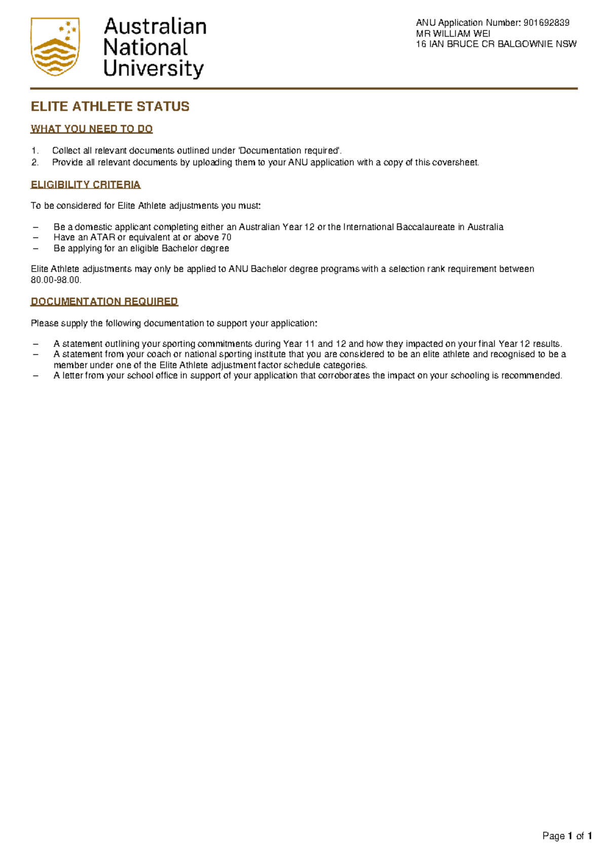 ANU Elite Athlete Application Cover Sheet Instructions - Studocu