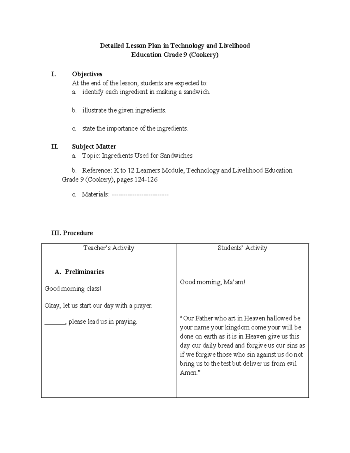 Grade 9 Cookery: Ingredients for Making Sandwiches Lesson Plan - Studocu