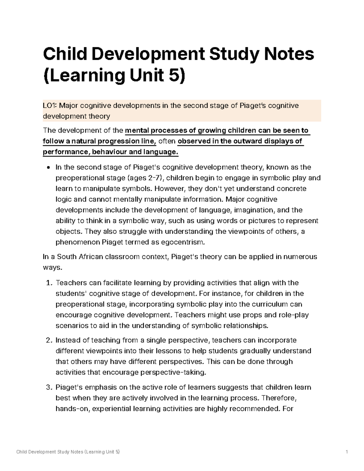 Child Development Study Notes (Learning Unit 5) - In the second stage ...