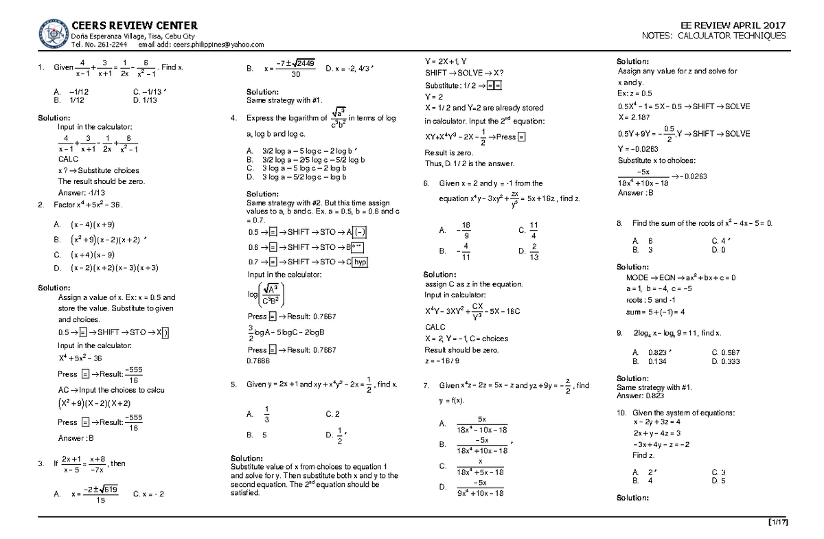 CEERS EE REVIEW APRIL 2017: CALCULATOR TECHNIQUES NOTES - Studocu