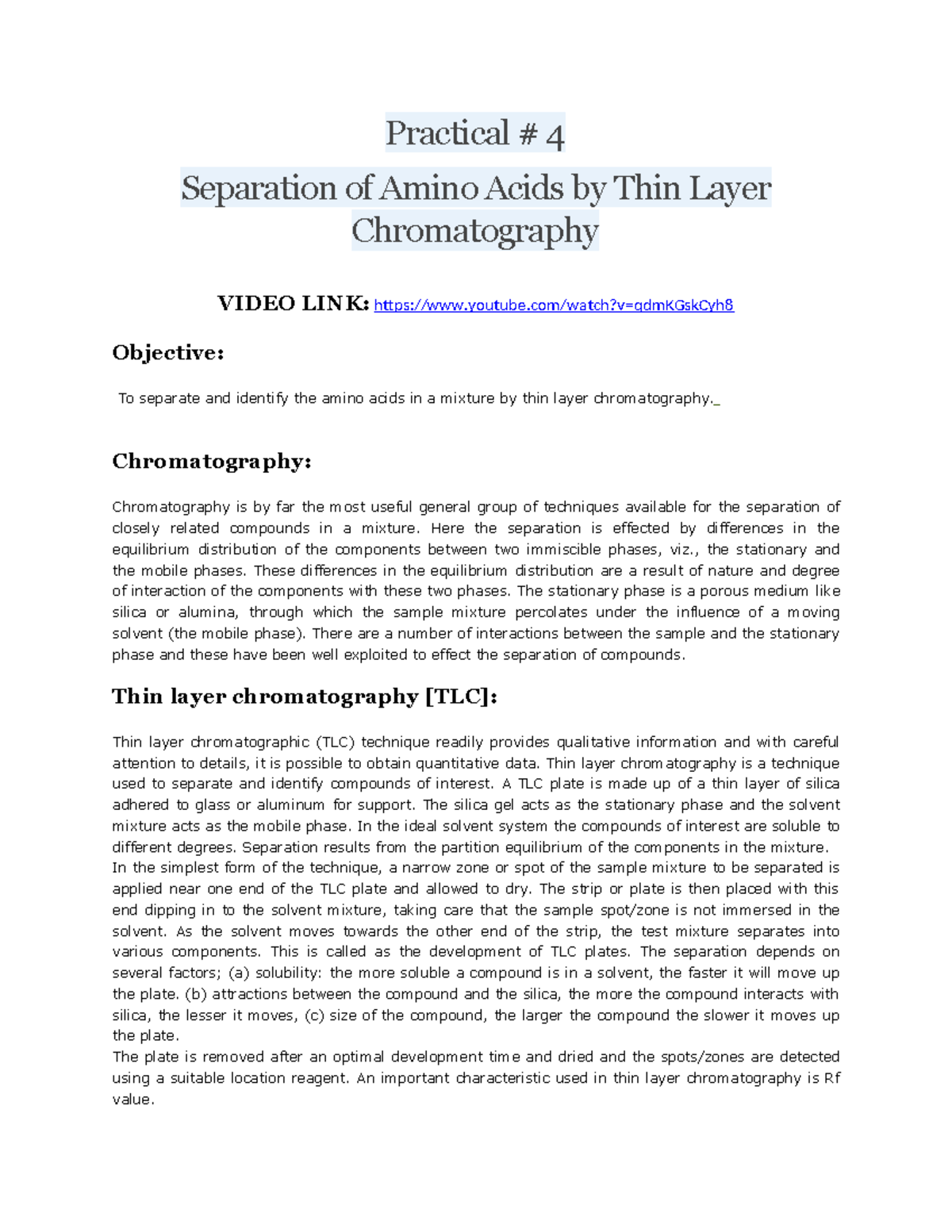 Separation of Amino Acids via TLC: Practical #4 Guide - Studocu