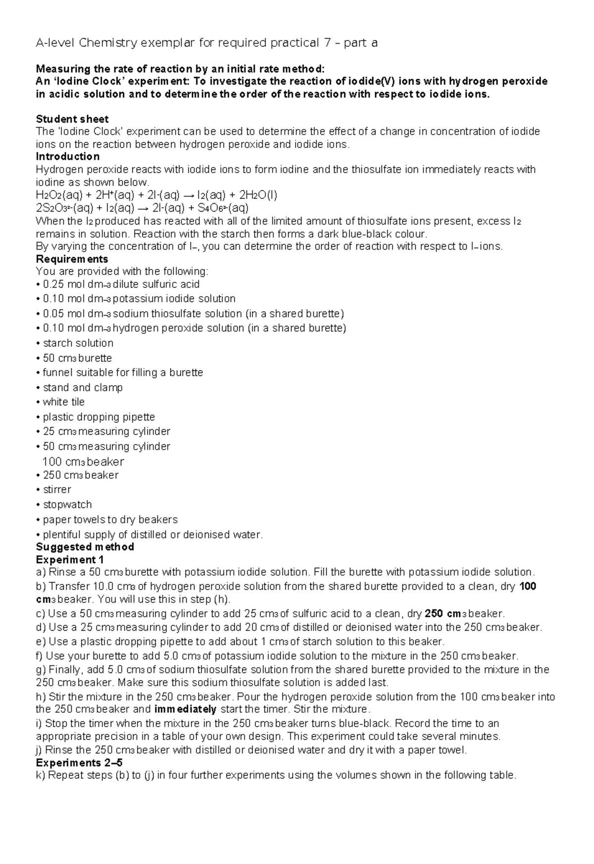 Method Sheet for AQA A-Level Chemistry: Practical 7A - Iodine Clock ...