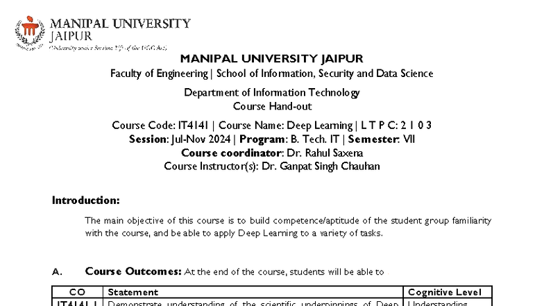 Deep Learning Course Handout (IT 4141) (July-Nov. 2024)-ver2 - MANIPAL ...
