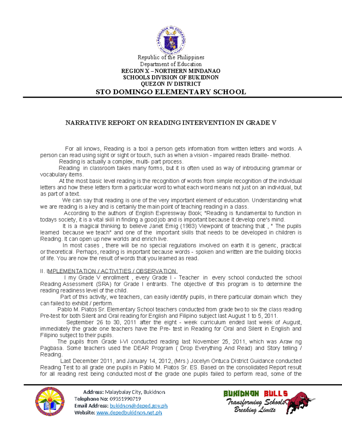 Narrative Report on Reading Intervention in Grade V - R05-ABCD - Studocu