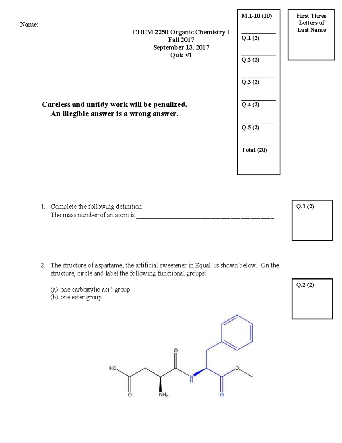 CHEM 2250 Organic Chemistry I Fall 2017 Quiz Questions and Answers ...