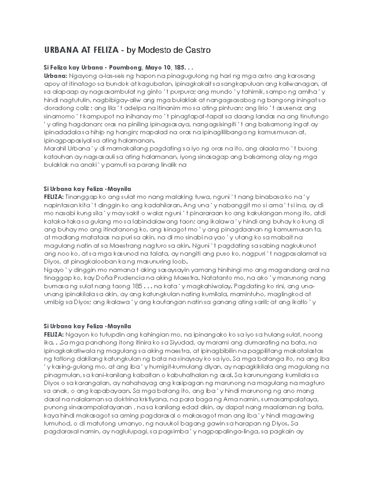 Urbana at Feliza: Mga Sulat ng Pagkakaibigan at Pagtuturo - Studocu