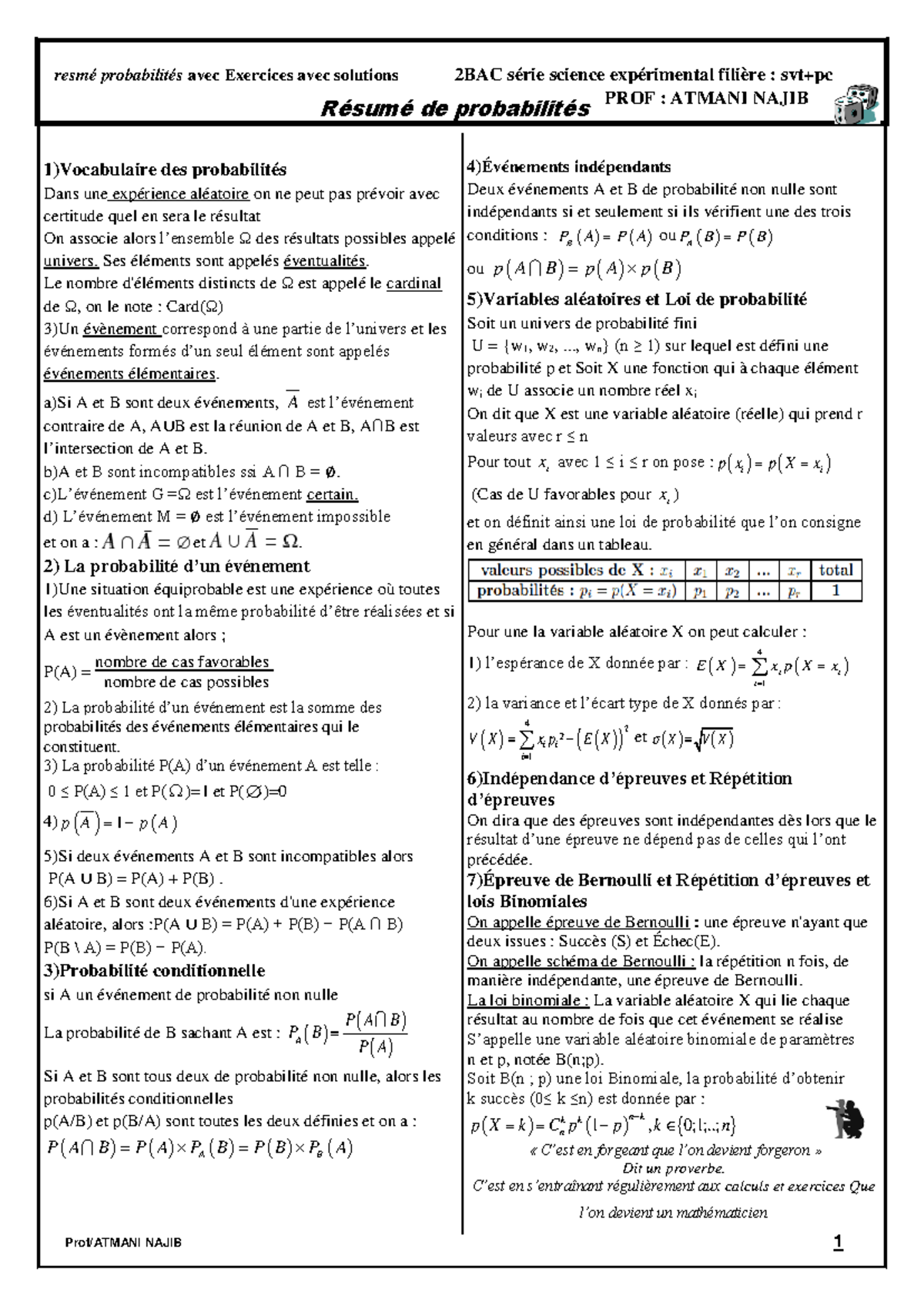 Résumé de Cours: Probabilités avec Exercices - 2BAC SVT+PC - Studocu