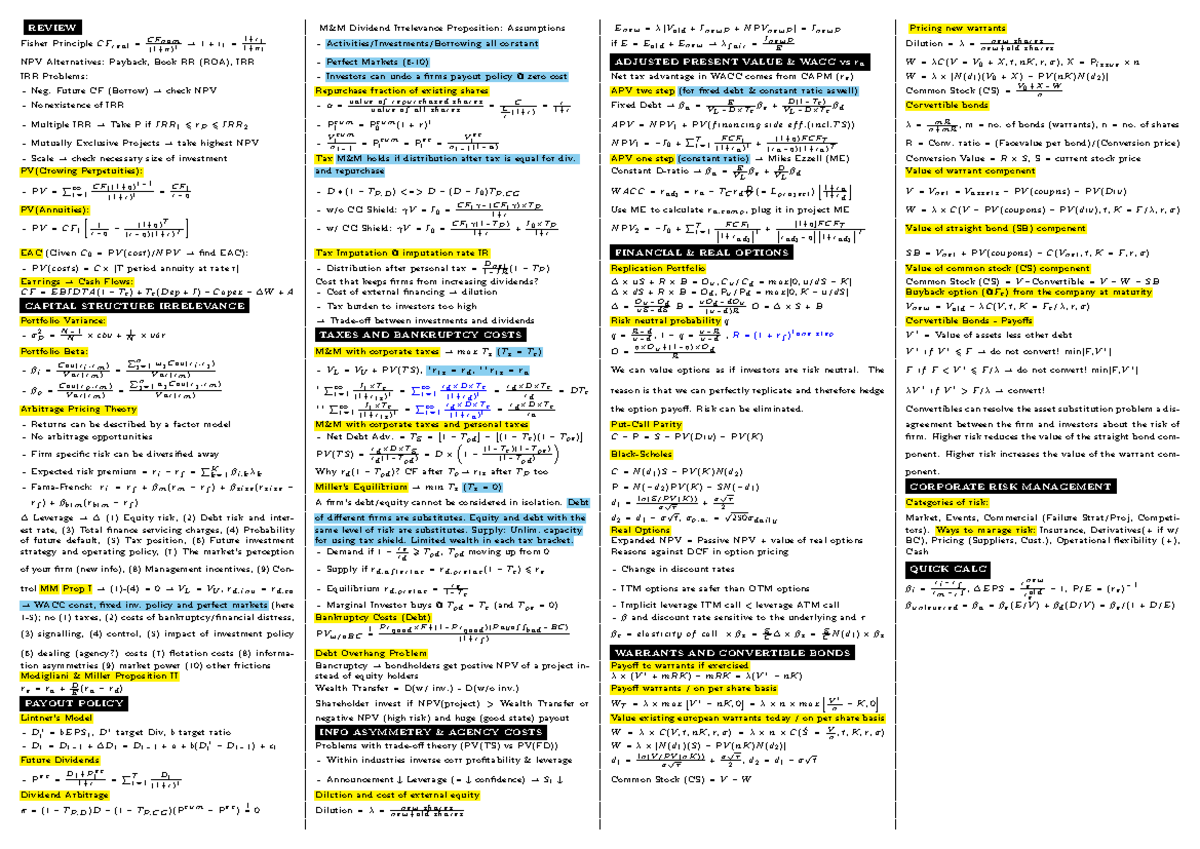 M&M Dividend Irrelevance Cheat Sheet - Key Concepts & Formulas - Studocu