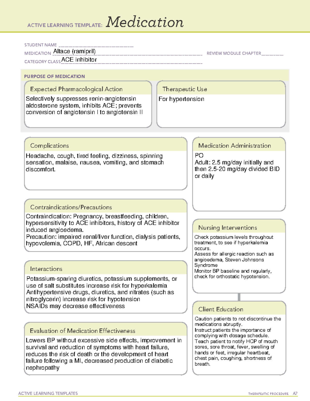 Altace (Ramipril) Medication Sheet for Nursing 101 - Therapeutic ...