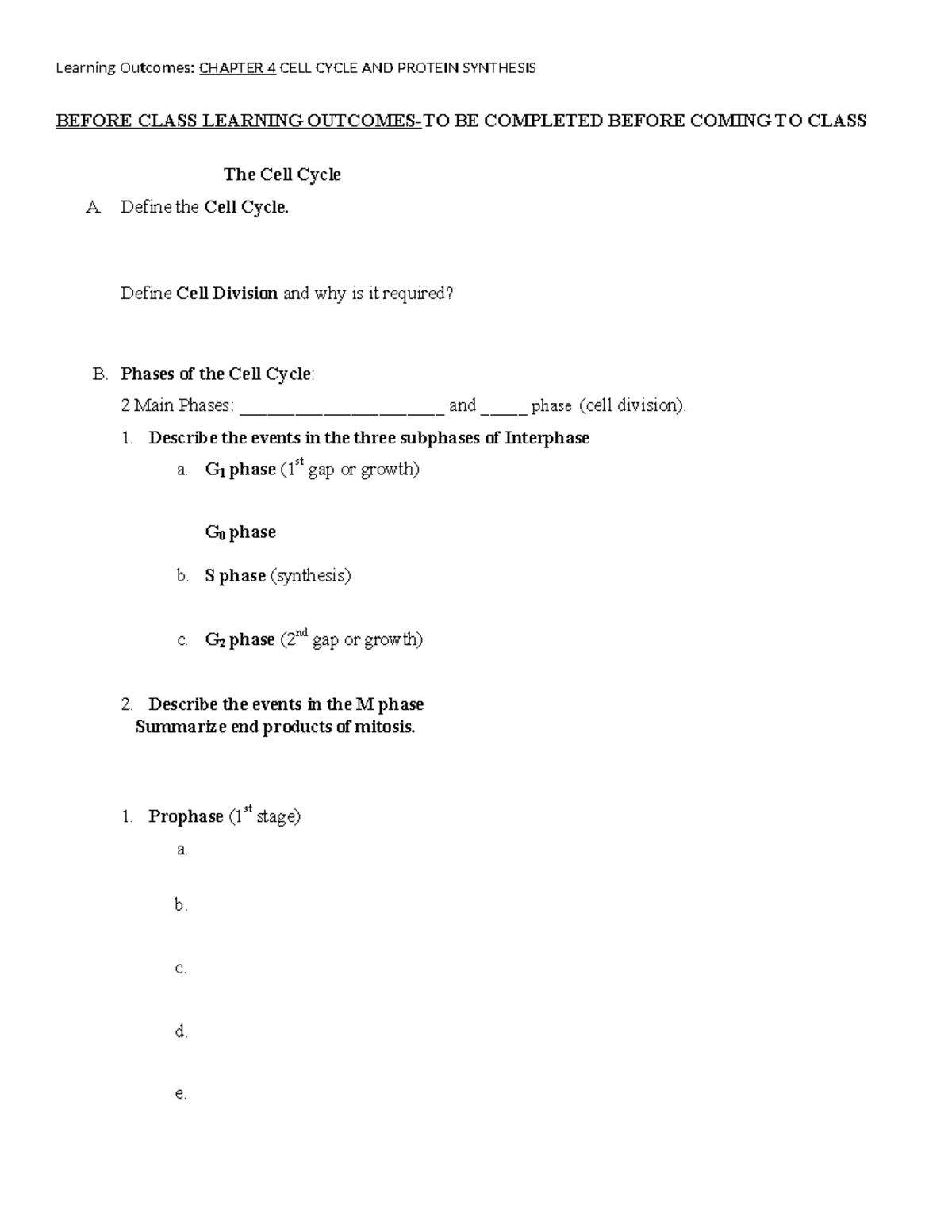 Cell Cycle & Protein Synthesis: CH 4 Learning Outcomes Before Class ...