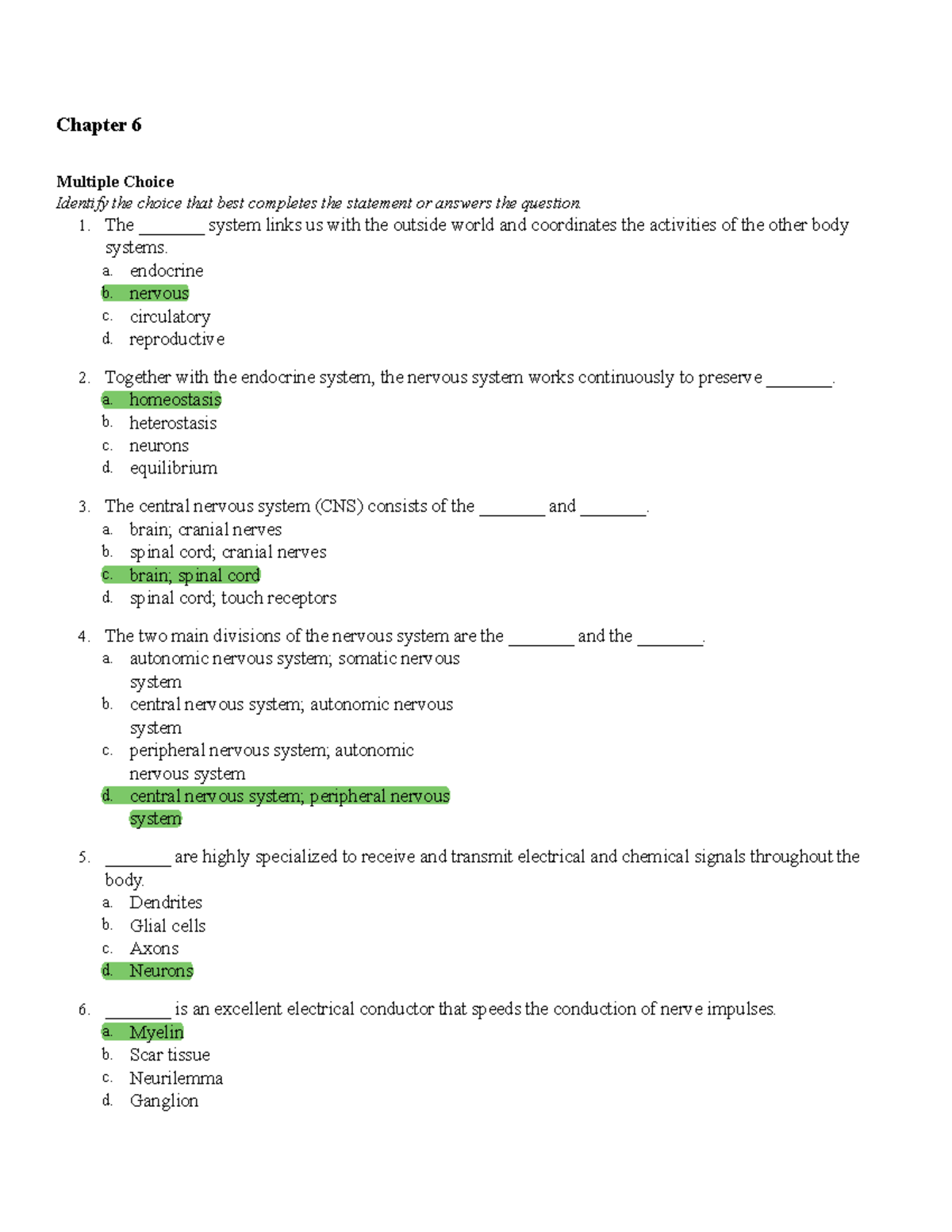 Chapter 6 - Central Nervous System: Key Concepts & Multiple Choice ...