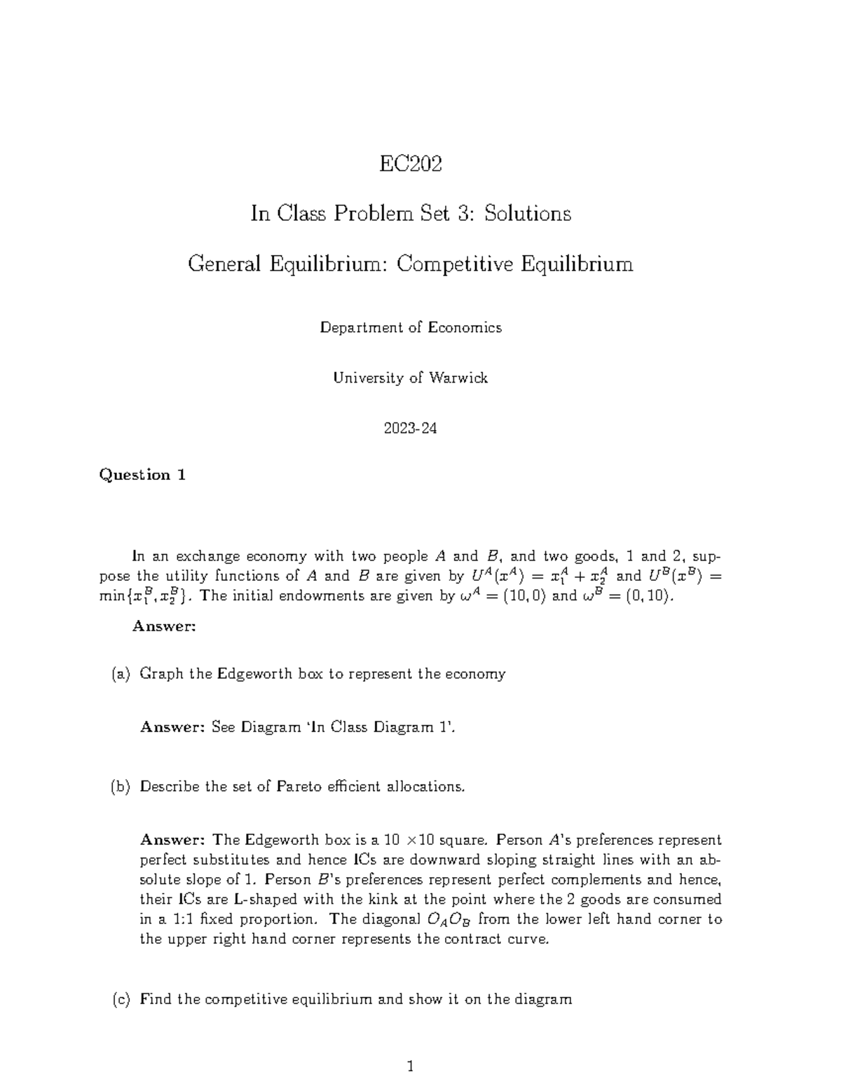 EC202 In-Class Problem Set 3: Week 5 Solutions on General Equilibrium - Studocu