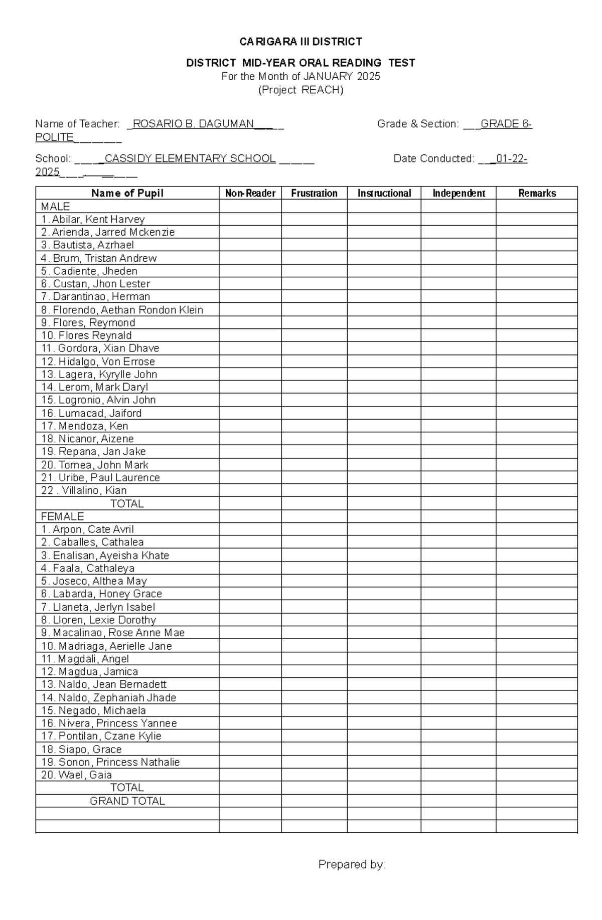 Grade 6 Mid-Year Oral Reading Test Template (JAN 2025) - Studocu