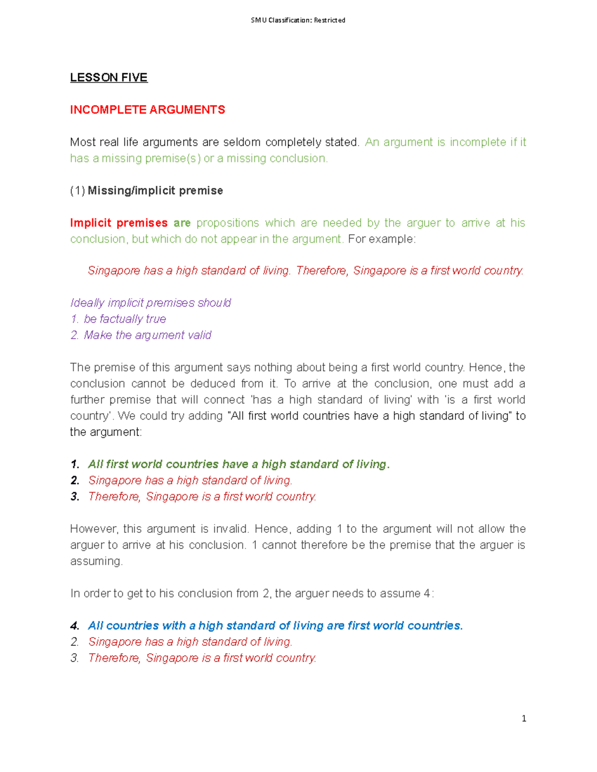 Lesson FIVE - prof notes - LESSON FIVE INCOMPLETE ARGUMENTS Most real ...