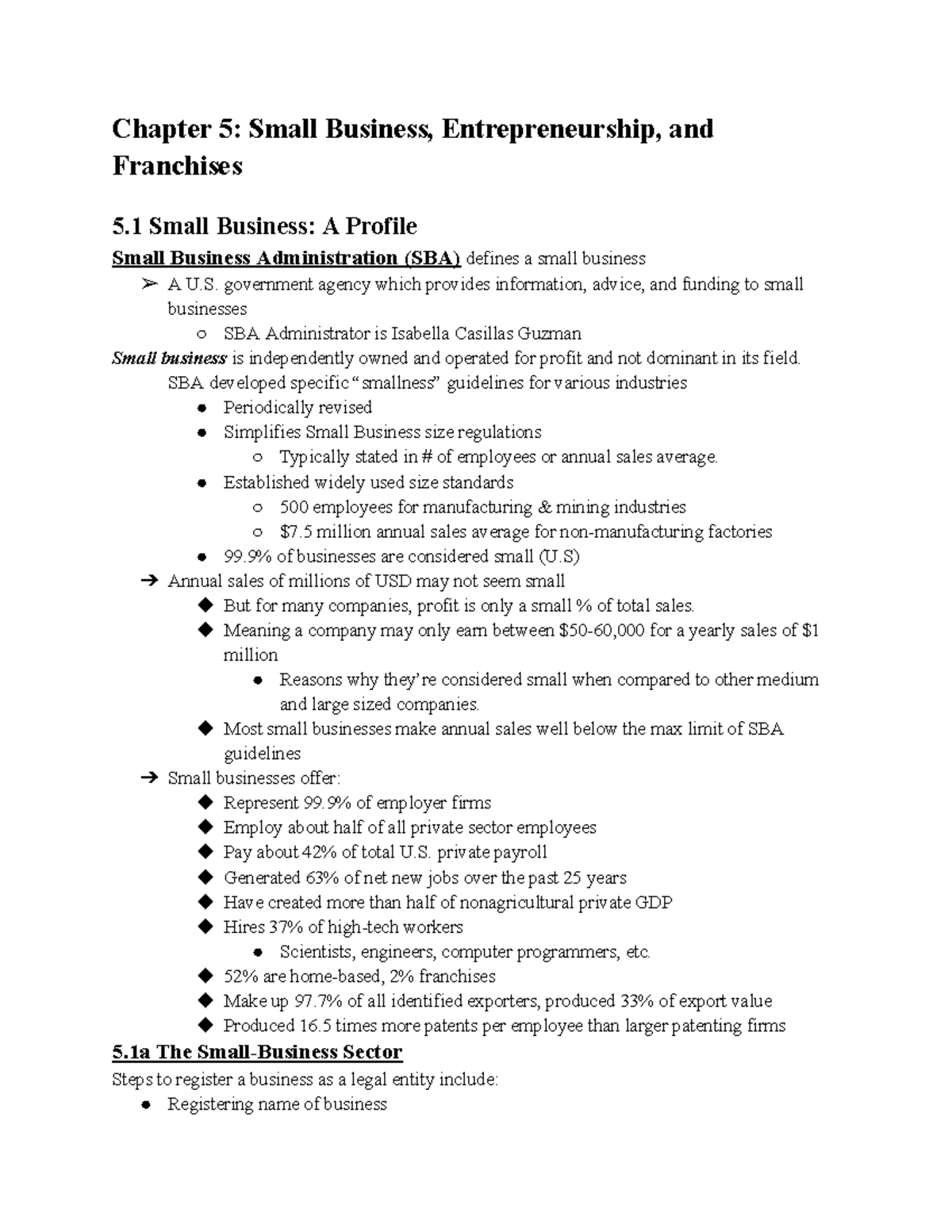 BUS010 Ch. 5 Notes - Chapter 5: Small Business, Entrepreneurship, and ...