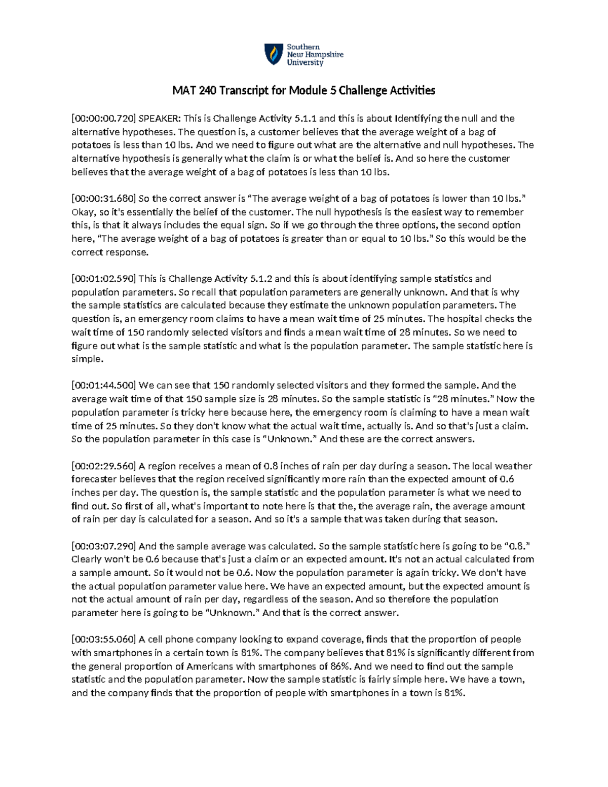 MAT 240 Final Exam Module 5 Challenges: Hypotheses and Testing - Studocu