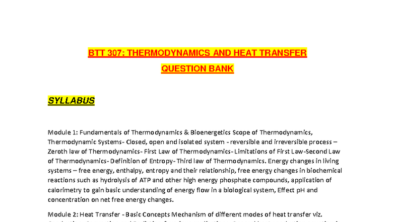 BTT 307: Thermodynamics and Heat Transfer Question Bank - Studocu