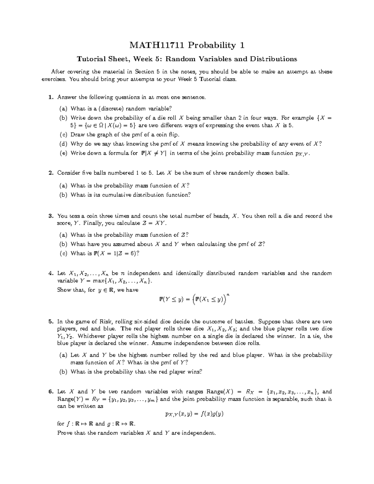 MATH11711 Probability 1 Week 5 Tutorial: Random Variables & Distributions - Studocu