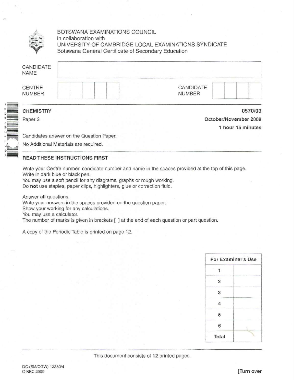 2009 BGCSE Chemistry Paper 3 Exam - Candidate Instructions and ...