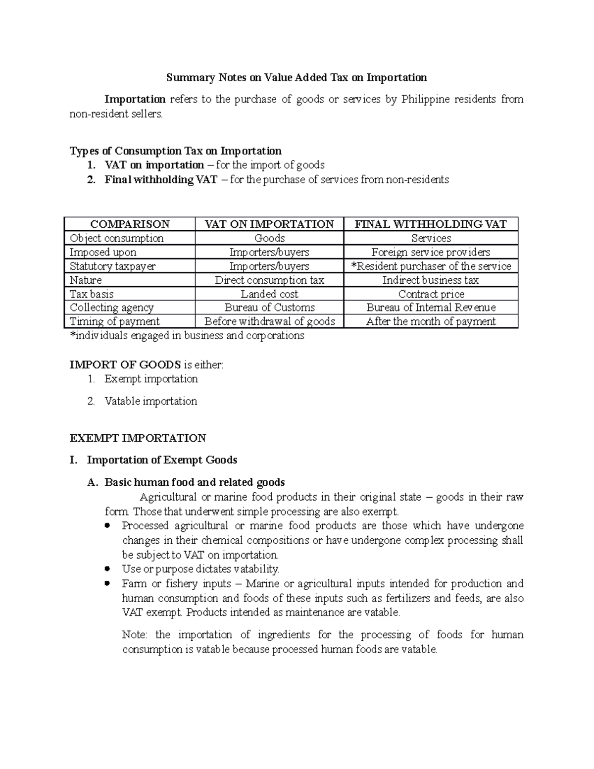VAT on Importation: Summary Notes on Final & Withholding Taxes - Studocu