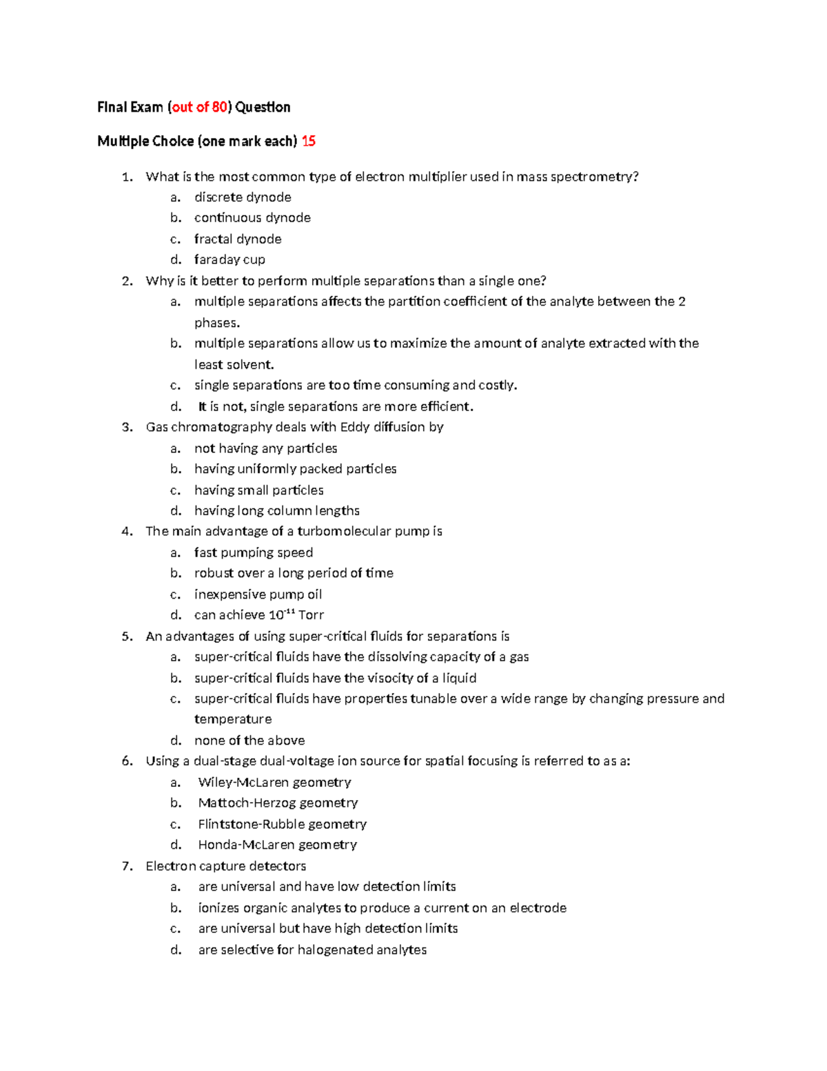 Final Exam - 4754 - Mass Spectrometry Multiple Choice & Long Answer ...