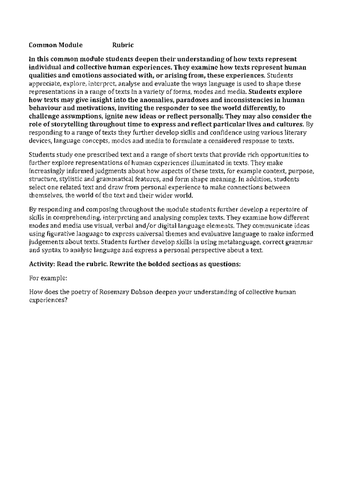2025 Common Module: Human Experiences - Rosemary Dobson Analysis - Studocu