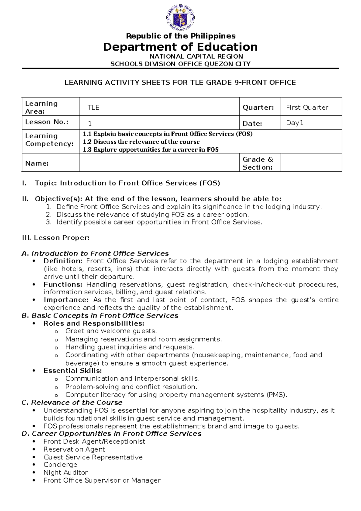 TLE9 Front Office Services Lesson Activity Sheet - Q1 D1 - Studocu