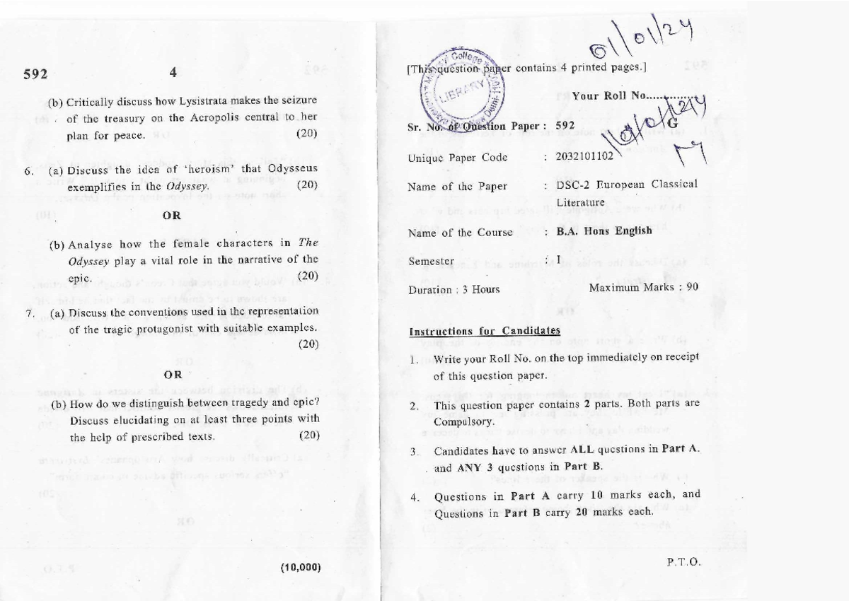 European Classical Literature 592 Question Paper - Sem 1 - Studocu