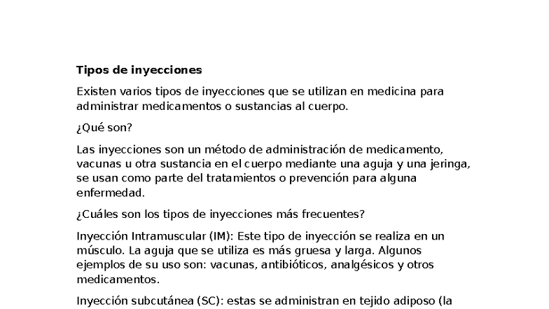 Tipos de Inyecciones en Medicina: IM, SC, IV y Más - Studocu