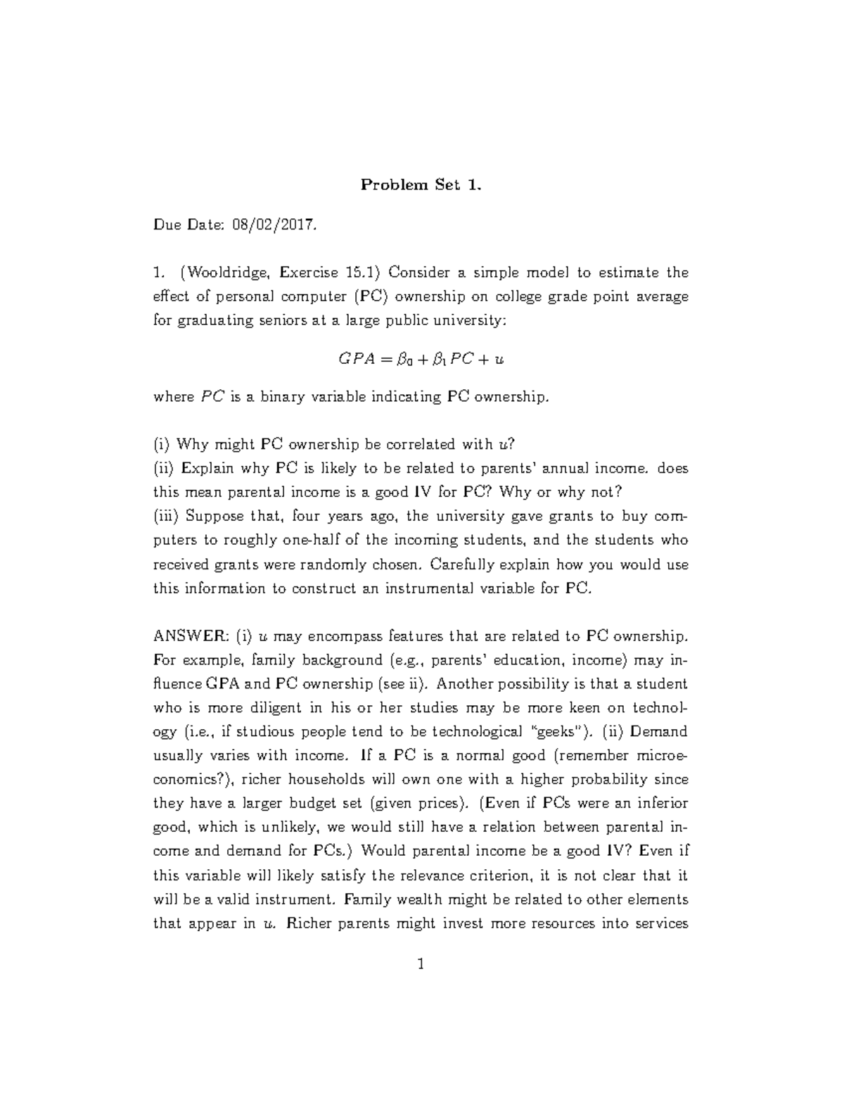 Ps 1 - Econometrics: Notes & Problem Sets Analysis for IV Approach ...