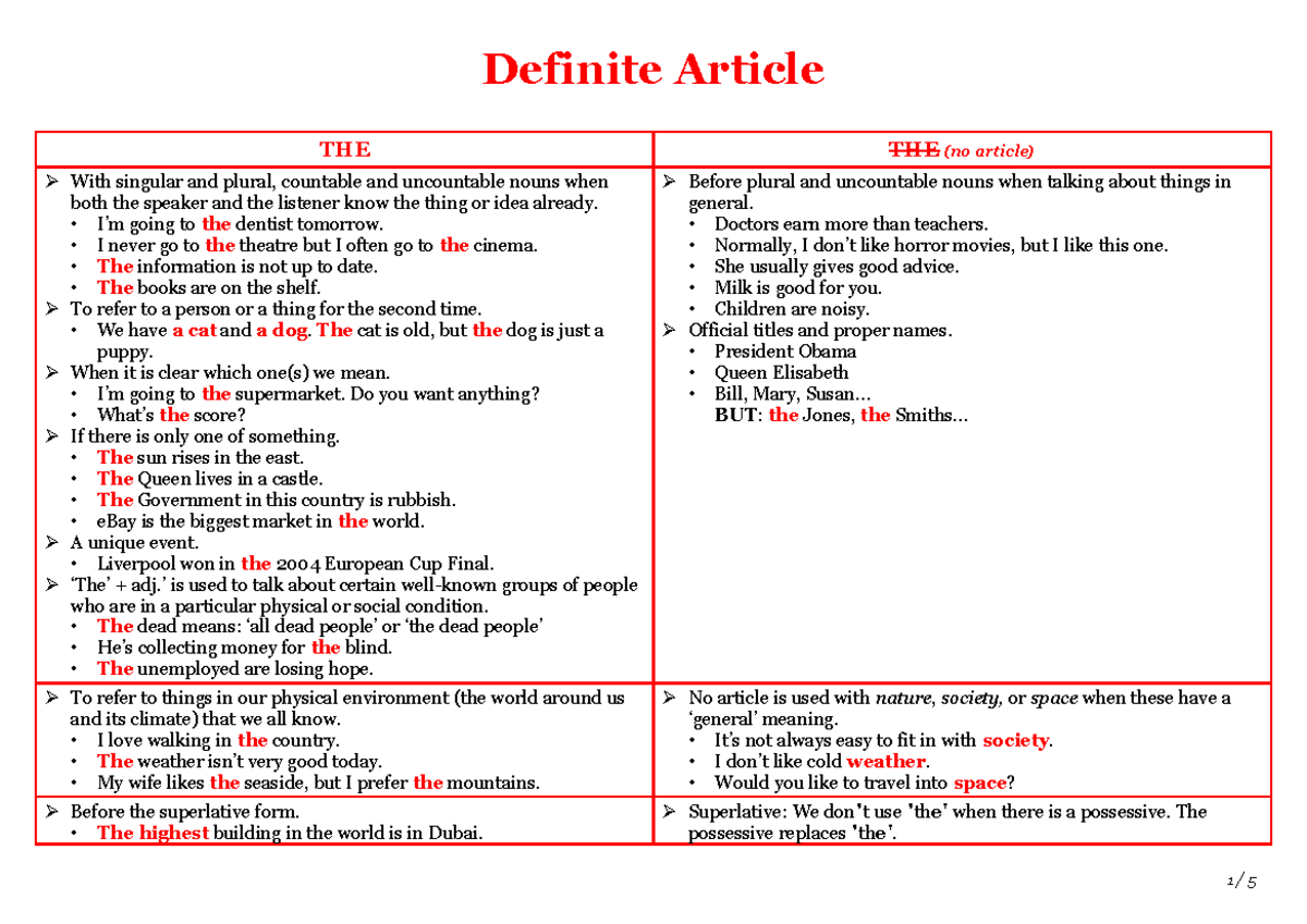 Definite Article THE: Usage with Nouns and Contexts (ENG 101) - Studocu