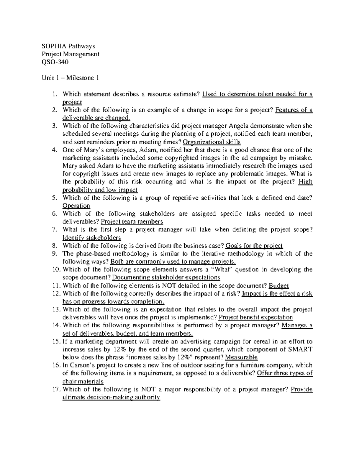 Sophia - Unit 1 - Milestone 1 Project Mgmt QSO-340 - SOPHIA Pathways Project Management QSO ...