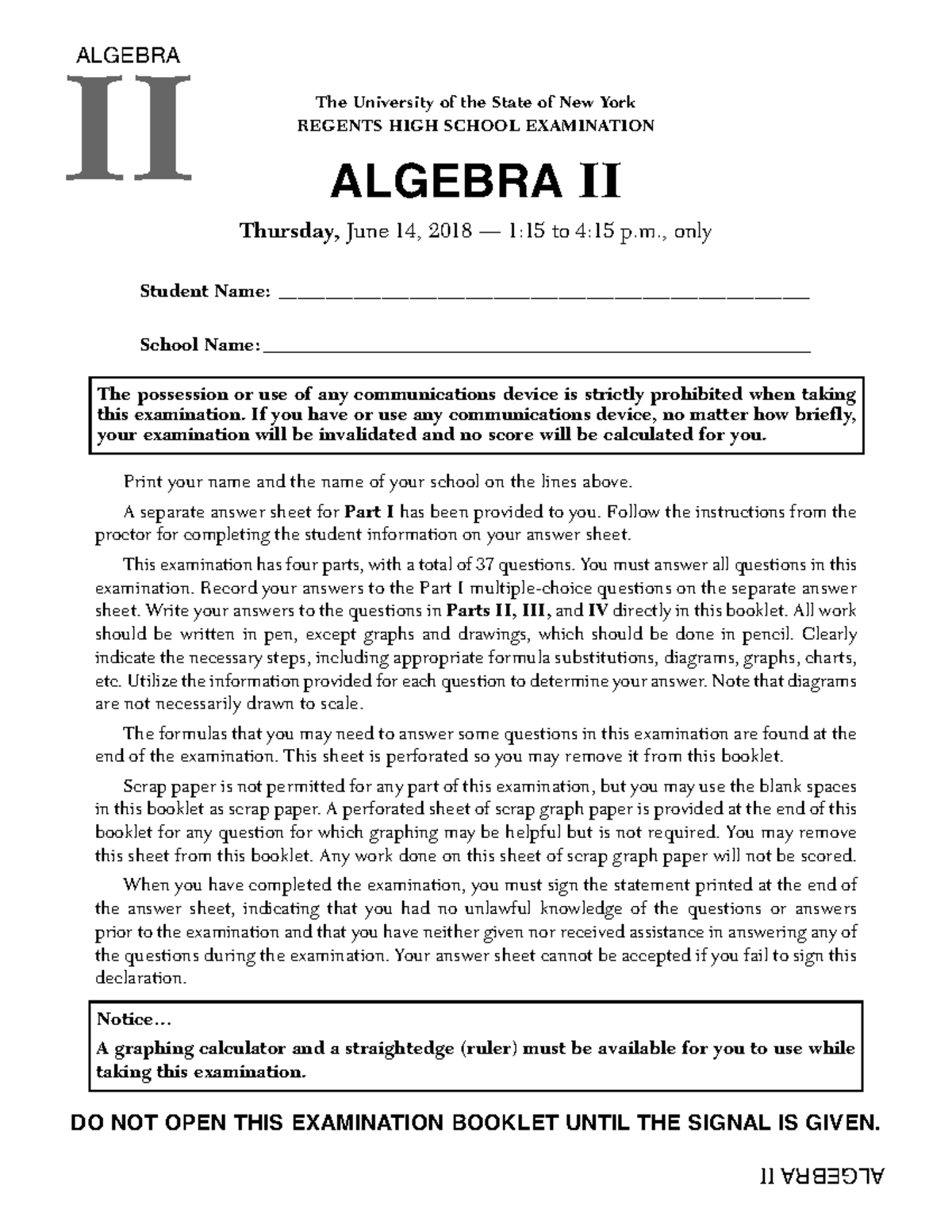 Algebra II (Algtwo) 62018 - Regents Exam Review Answer Key Guide - Studocu
