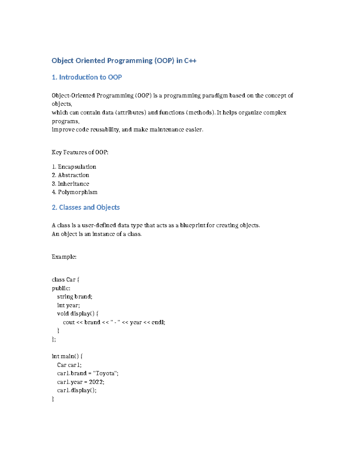 OOP in C++: Key Concepts and Features Overview - Studocu