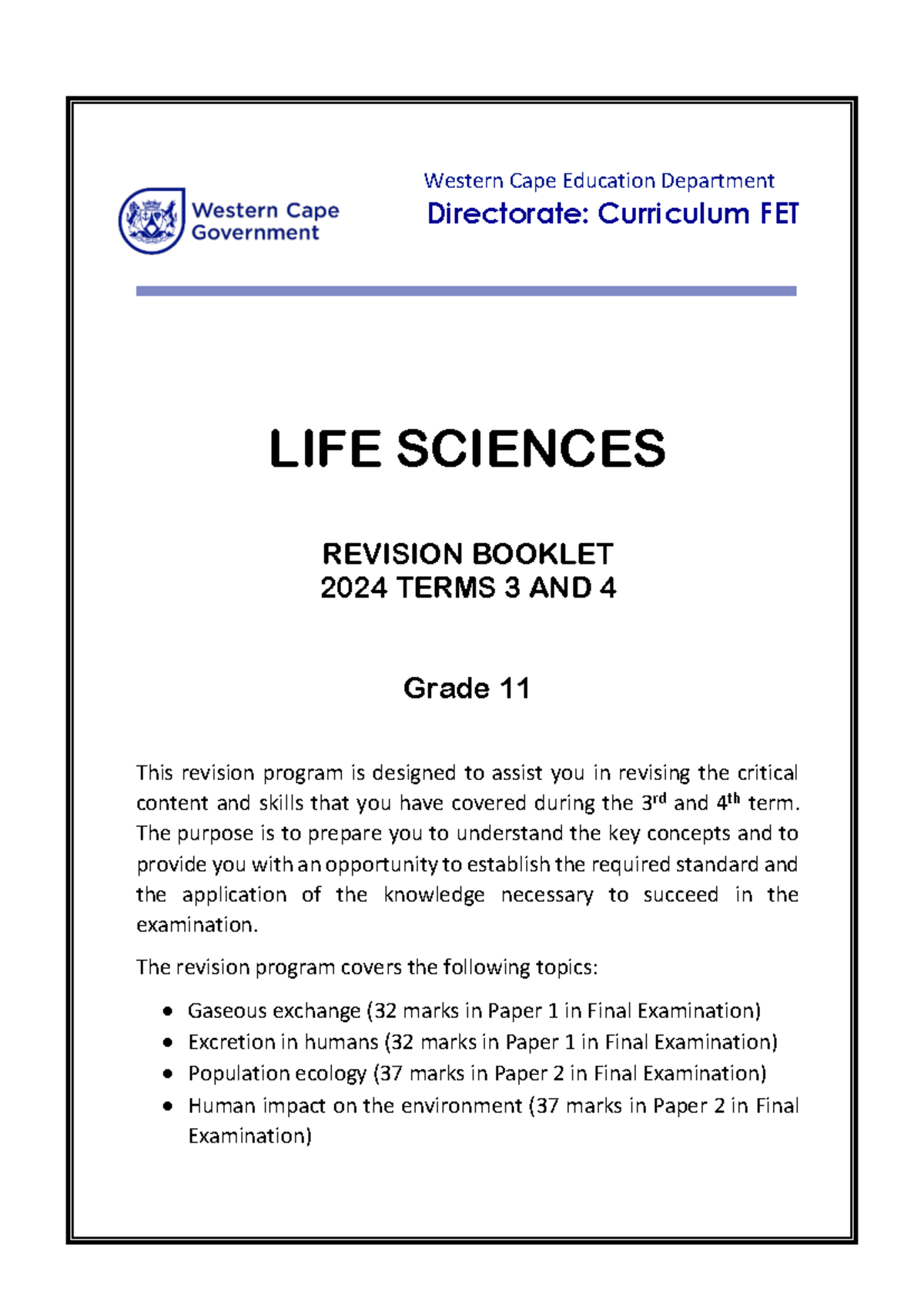 Grade 11 Life Sciences Revision Booklet 2024: Terms 3 & 4 Guide - Studocu