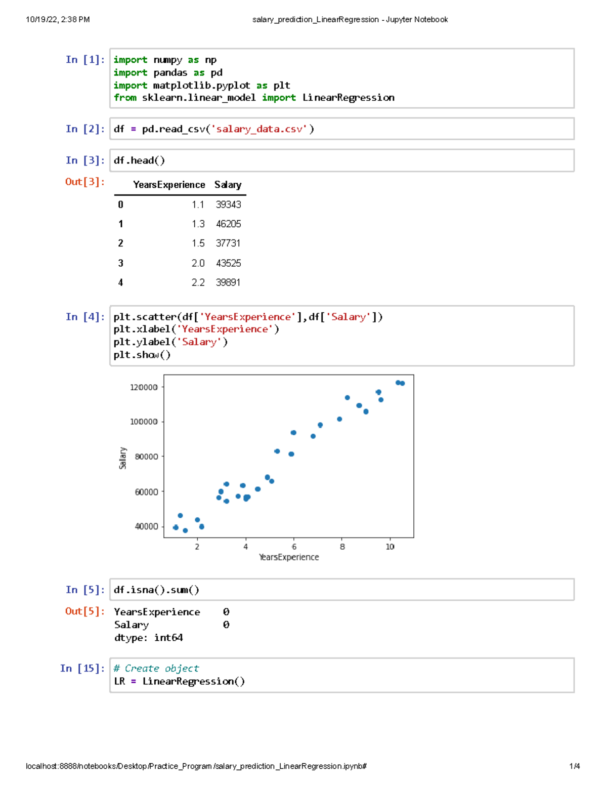 Salary prediction Linear Regression - Jupyter Notebook - In [1]: In [2 ...