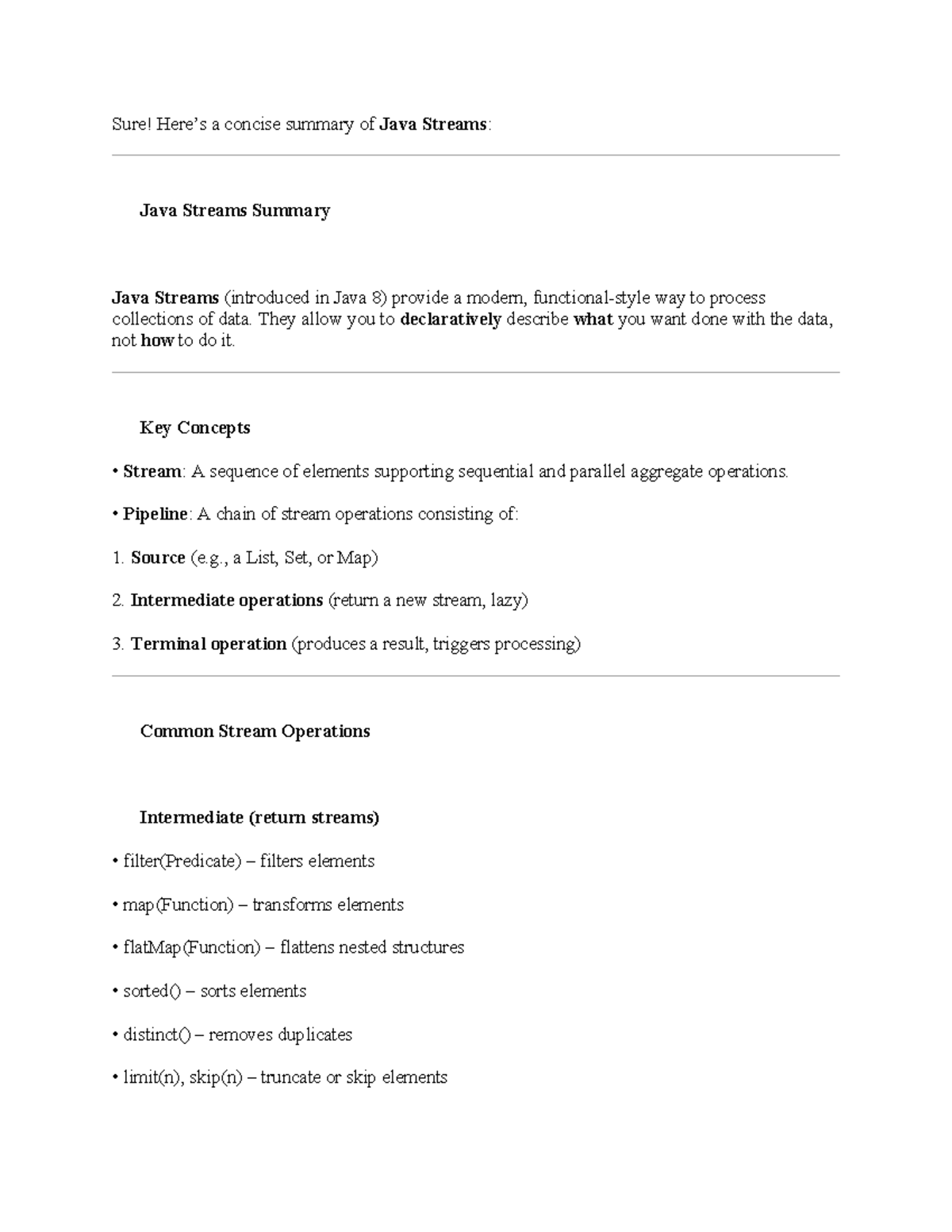 Java Streams Summary - Sure! Here’s a concise summary of Java Streams ...