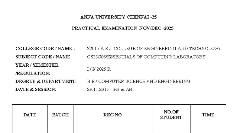 Practical Examination Lab Manual for CSE 2025 - Anna University - Studocu