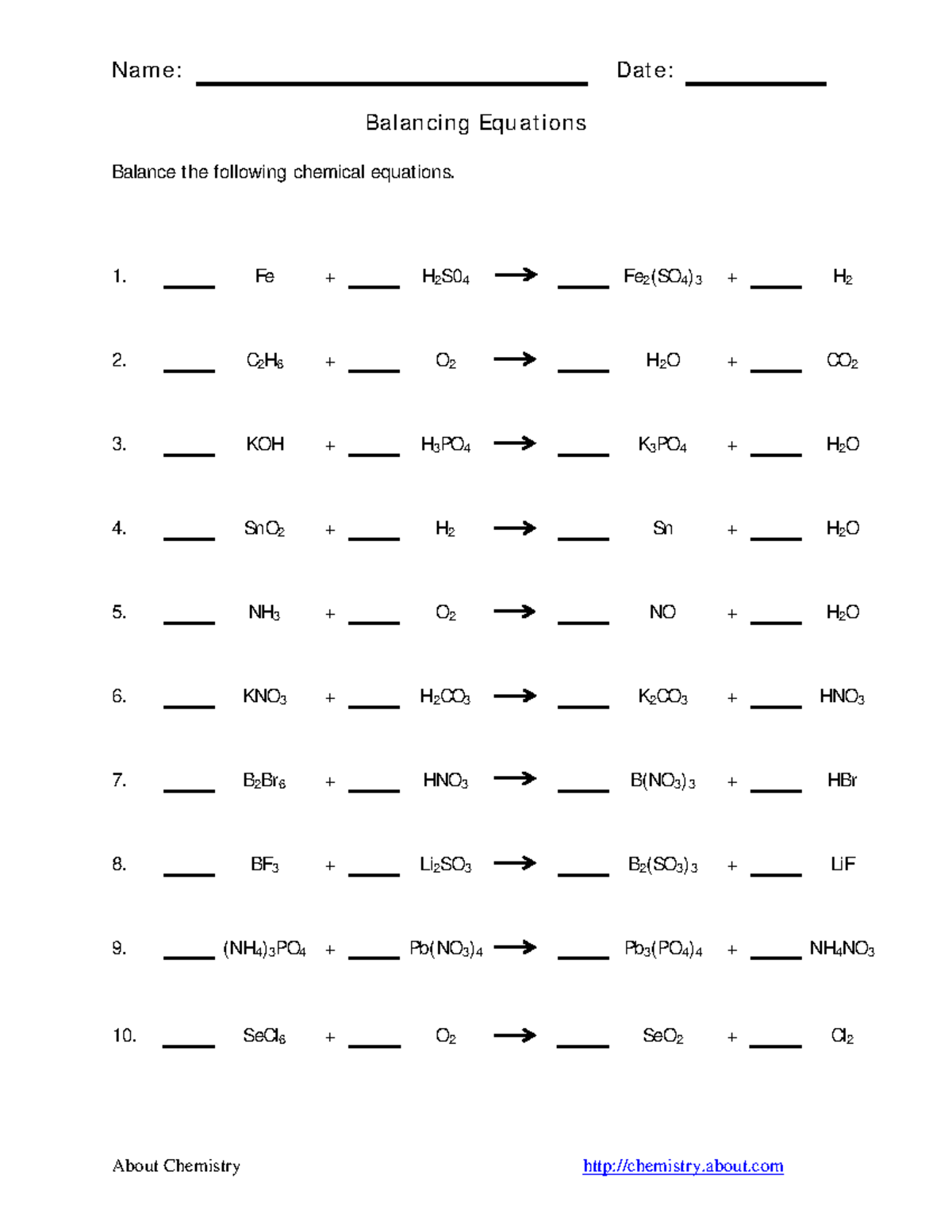Balancing equation worksheet three - Name: Date: Balancing Equations About Chemistry chemistry ...