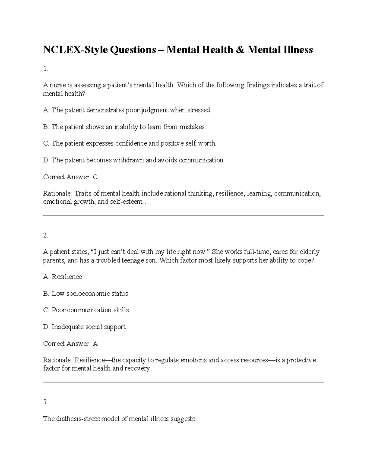 Psych Week 1 NCLEX Questions: Mental Health & Illness Insights - Studocu