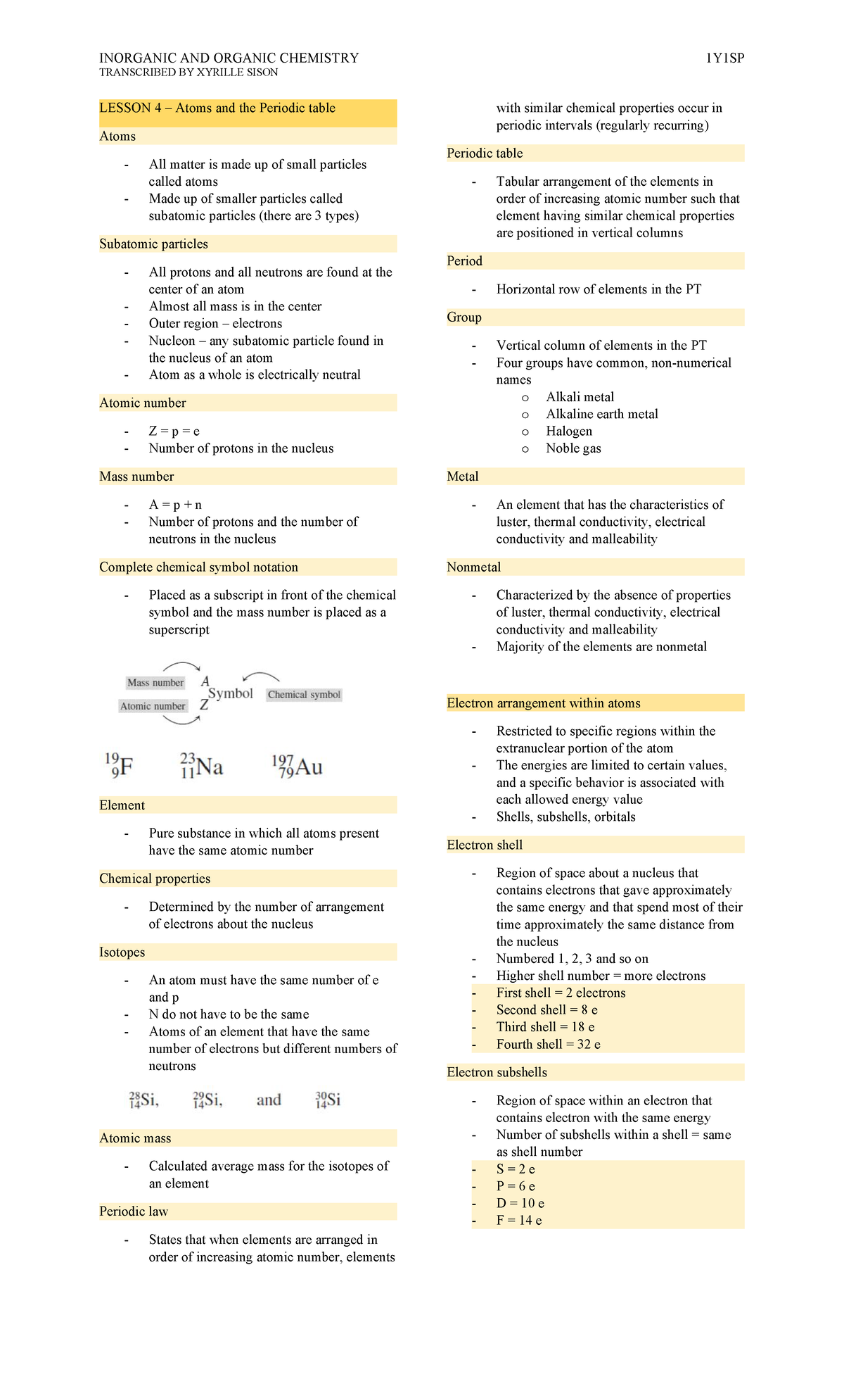 CHEM Lesson 4 Periodic Table - INORGANIC AND ORGANIC CHEMISTRY 1Y1SP ...