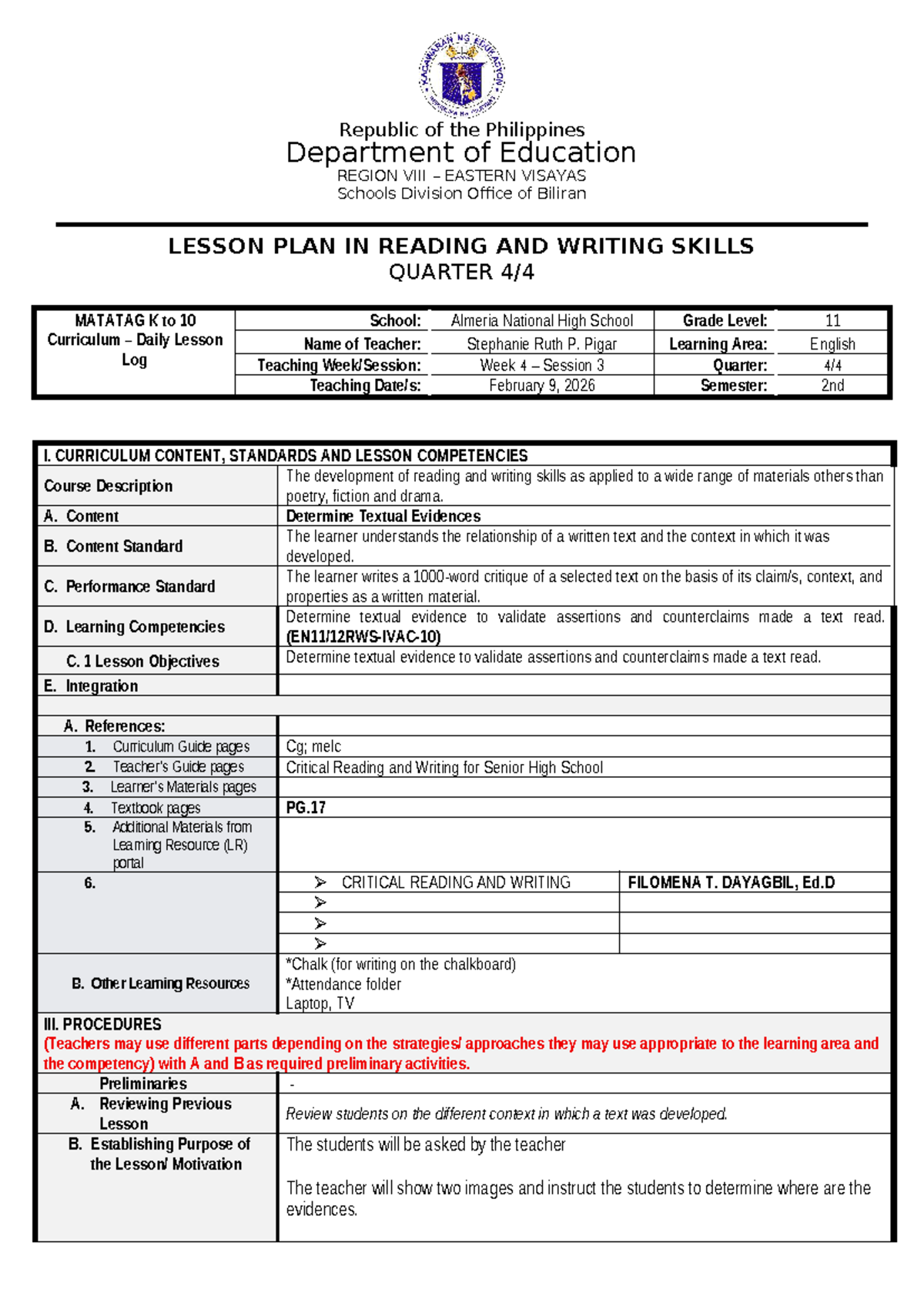 DLP: Lesson Plan on Determining Textual Evidences in Reading & Writing ...