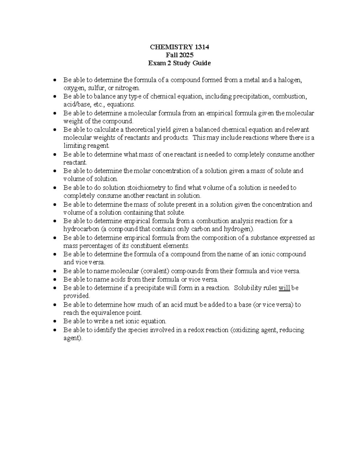 CHEM 1314 F2025 Exam 2 Study Guide: Key Concepts & Practice - Studocu