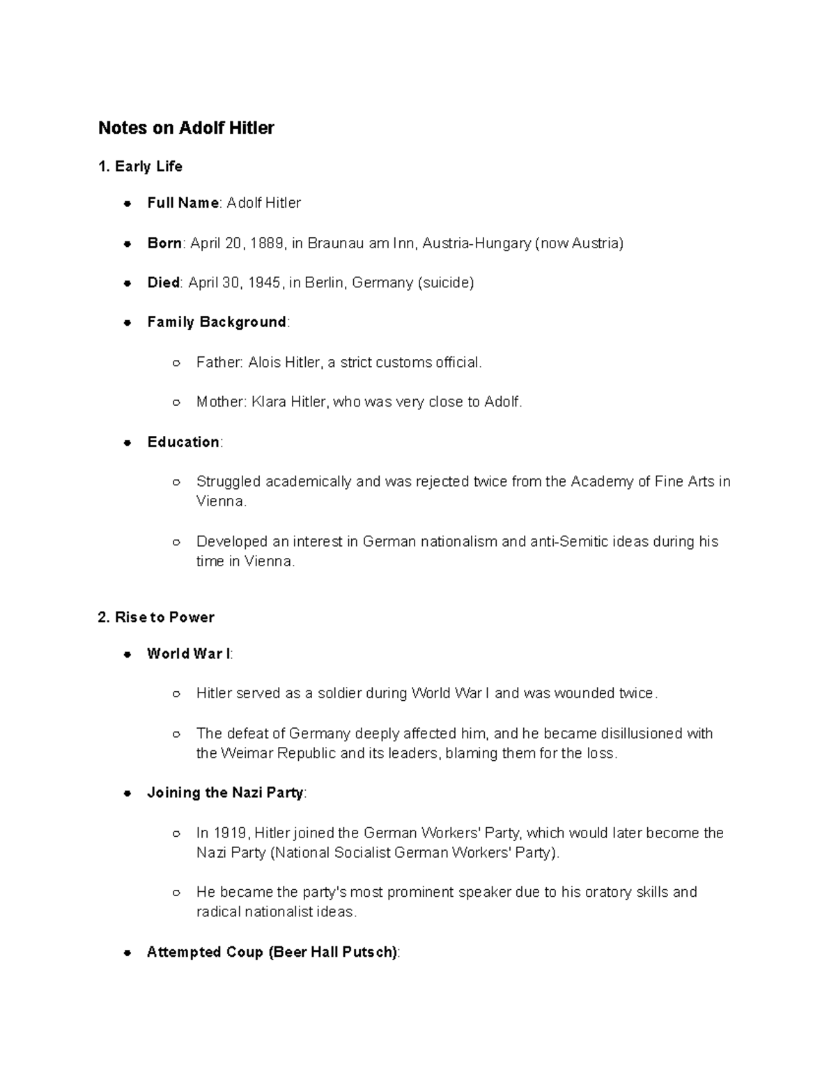 Adolf Hitler: Early Life, Rise to Power, and Legacy Notes - Studocu