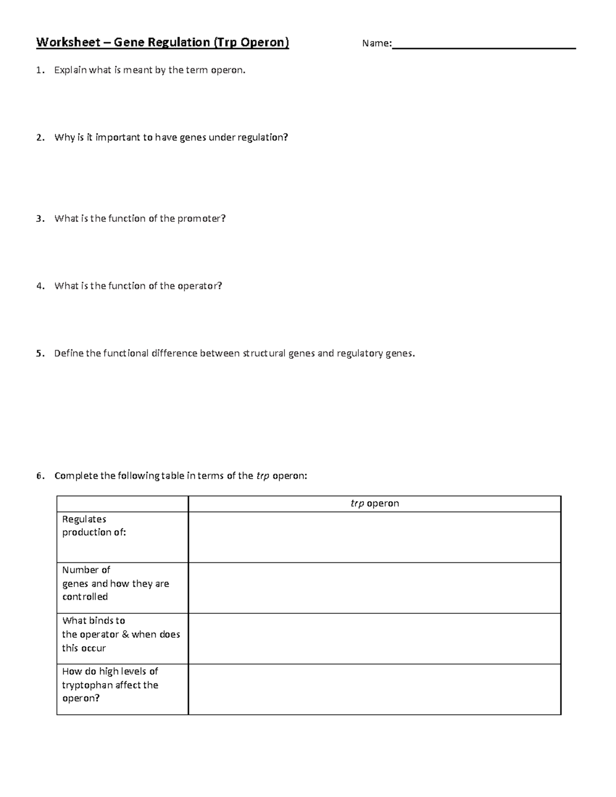 7 - Trp Operon Gene Regulation Worksheet - Studocu