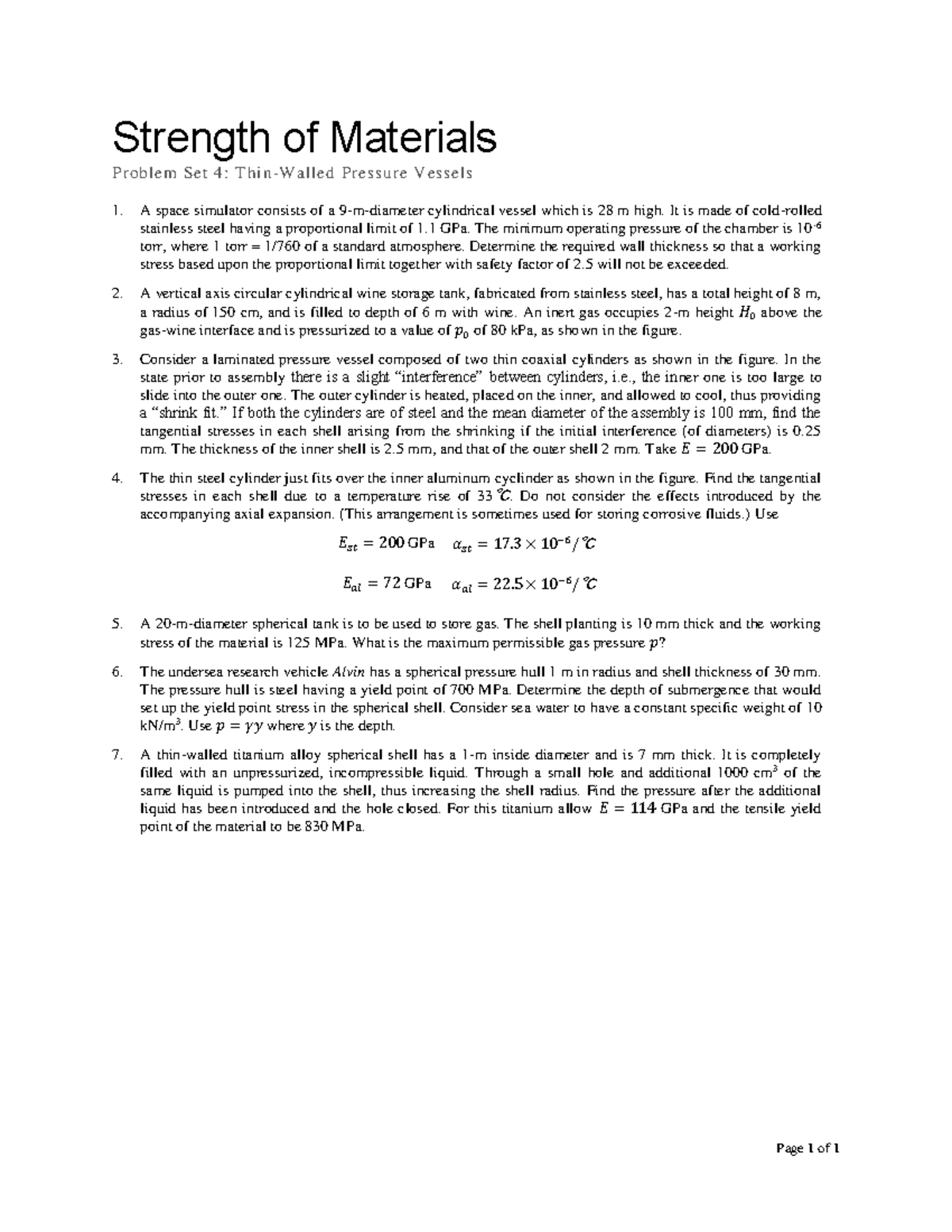 Strength of Materials - Problem Set 4: Thin-Walled Pressure Vessels ...